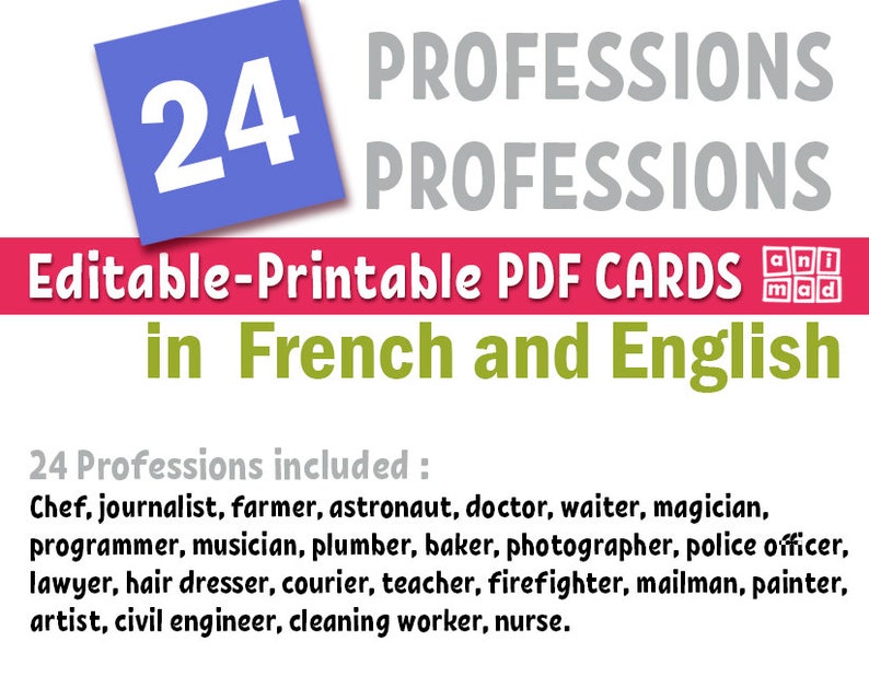 PROFESSIONS Printable Flashcards for Preschool Kids in FRENCH & ENGLISH ...