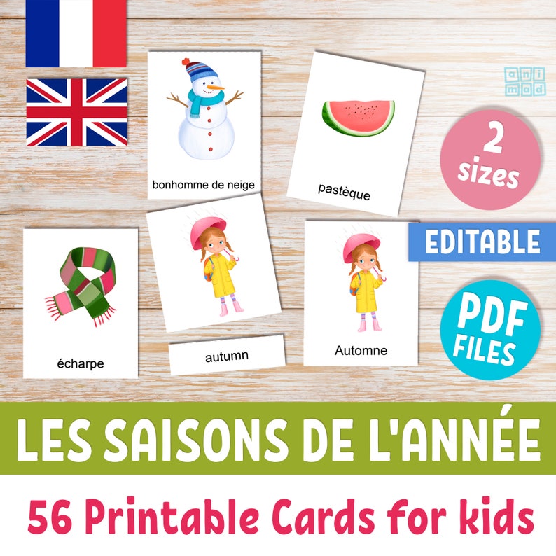 Seasons Flashcards for Kids, French & English, Montessori Vocabulary ...