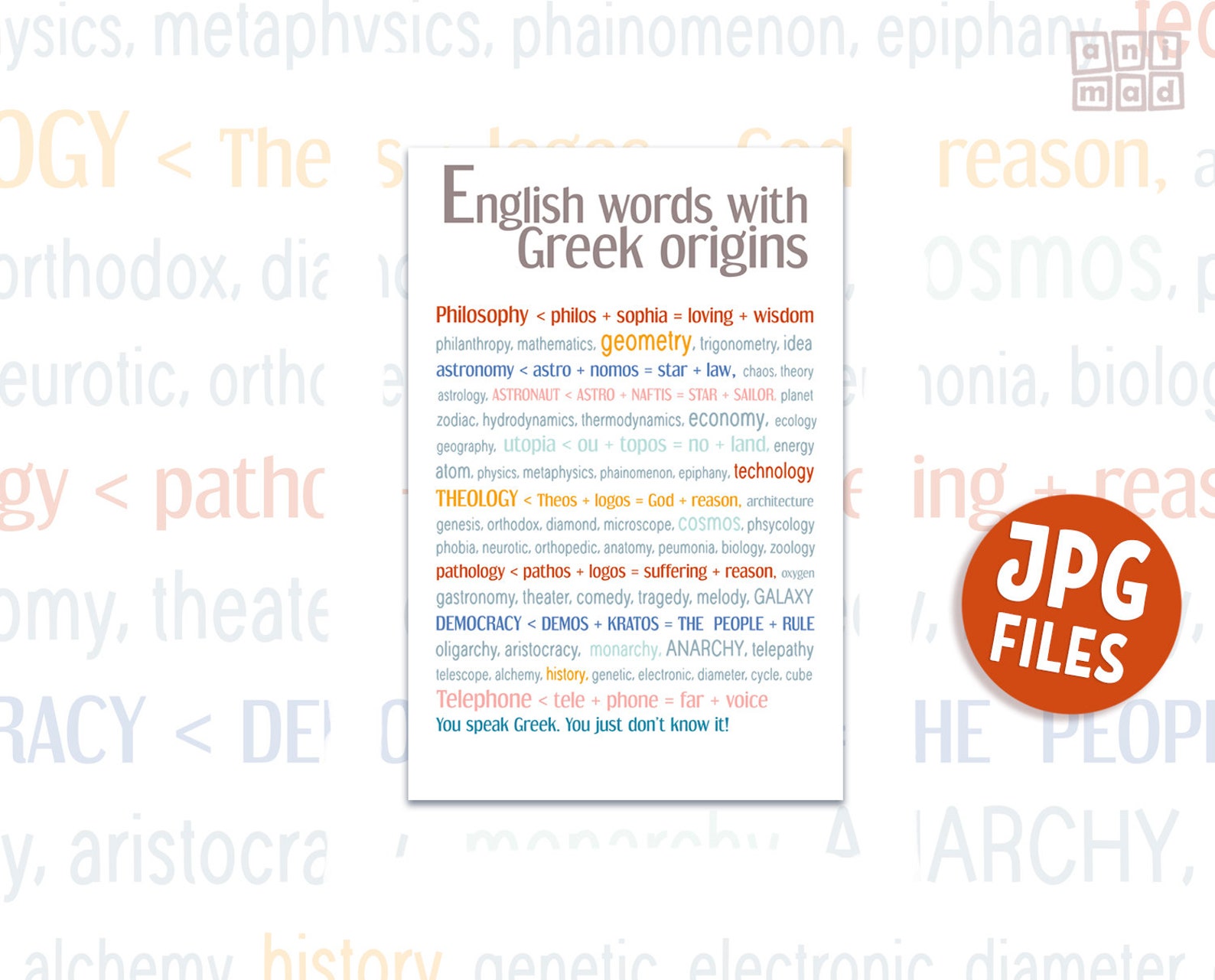 English Words With Greek Origin PRINTABLE POSTER, Greek Words Printable ...