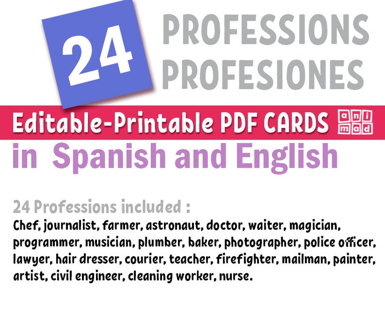 PROFESSIONS Printable Flashcards for Preschool Kids in Spanish and ...
