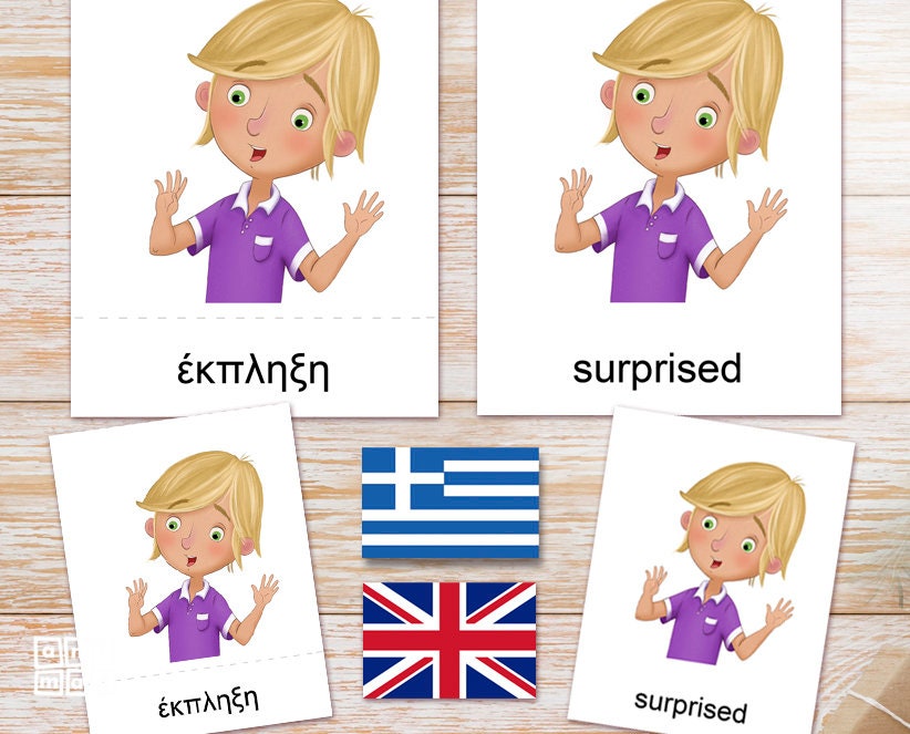 Emotions Flashcards for Kids, Greek & English, Montessori 3-part Cards ...