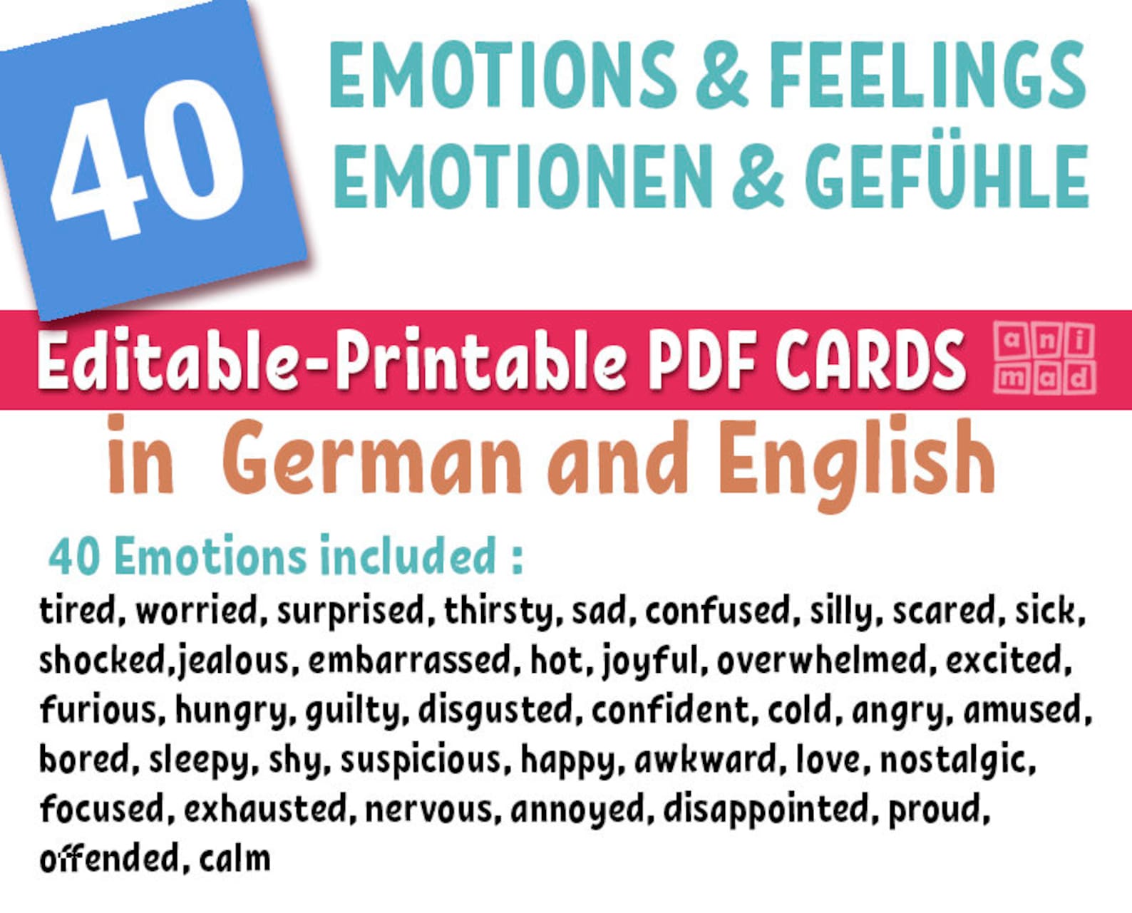 EMOTIONS & FEELINGS Printable Flashcards for Kids in German and English ...