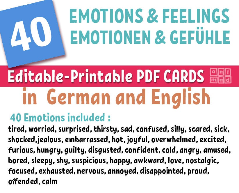 EMOTIONS & FEELINGS Printable Flashcards for Kids in German and English ...