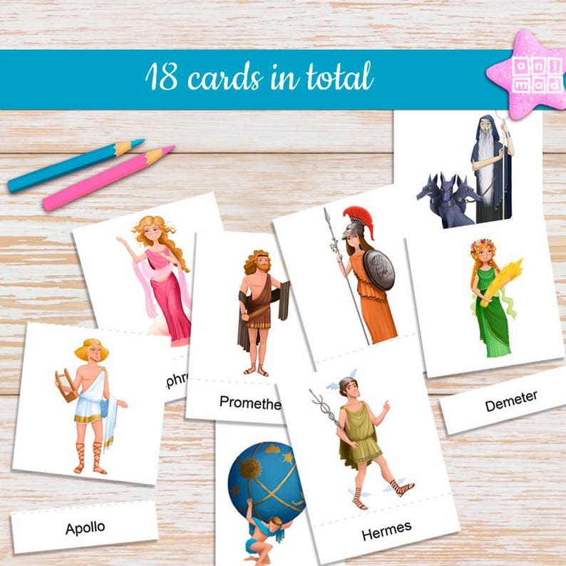 Greek & Roman Mythology Gods Printable Flashcards for Kids, Montessori ...