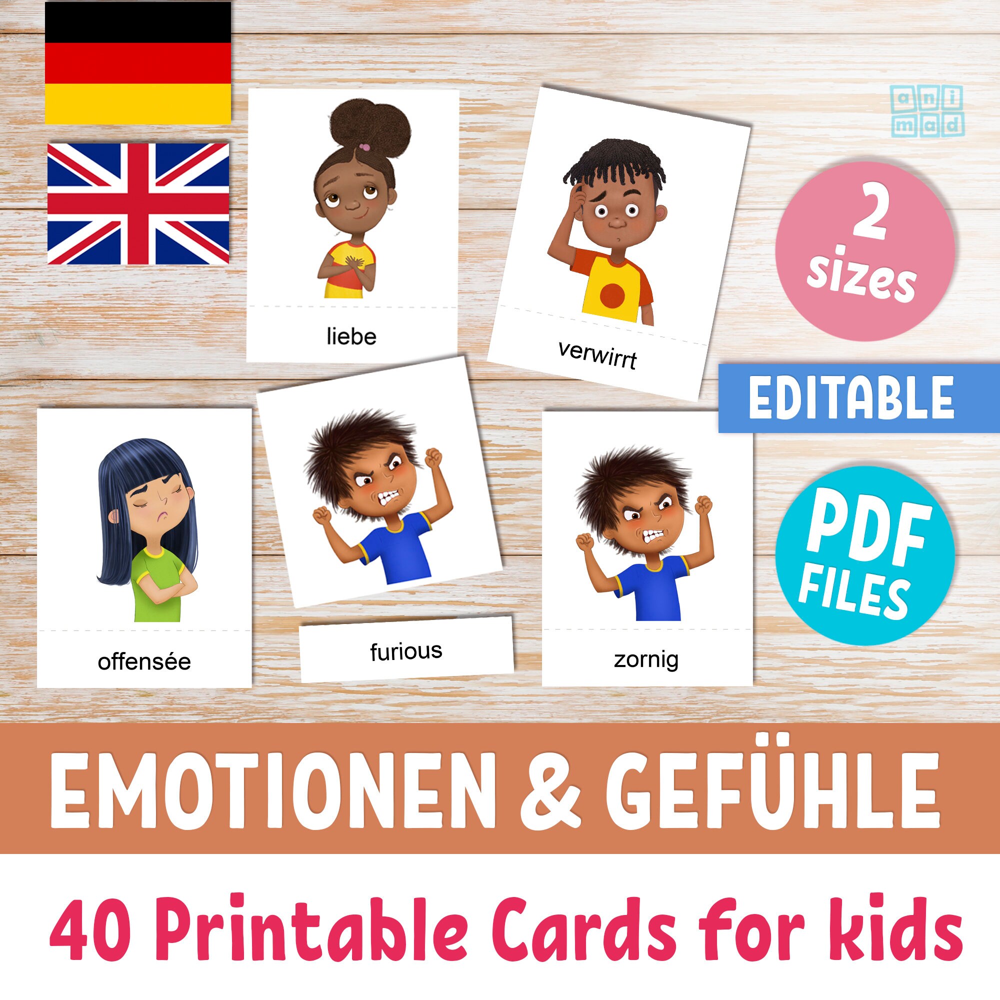 EMOTIONS & FEELINGS Printable Flashcards for Kids in German and English ...