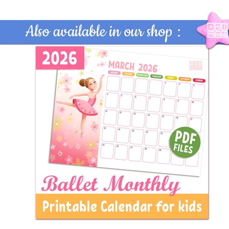 2026 Ballerina Wall Calendar for Kids: Printable Ballet & Dance ...