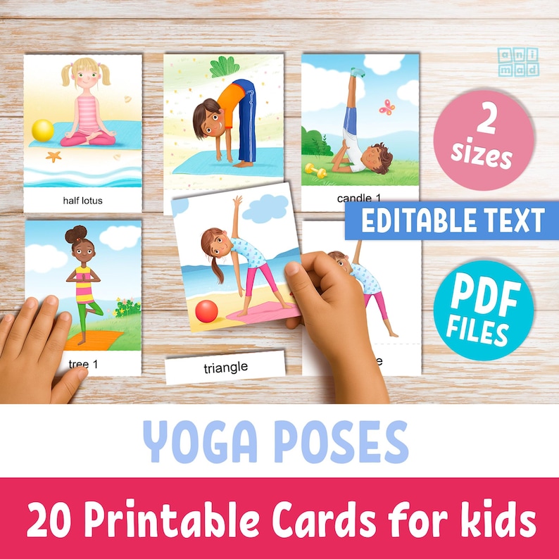 YOGA POSES Printable FLASHCARDS for Kids, Montessori Editable Text 3 ...