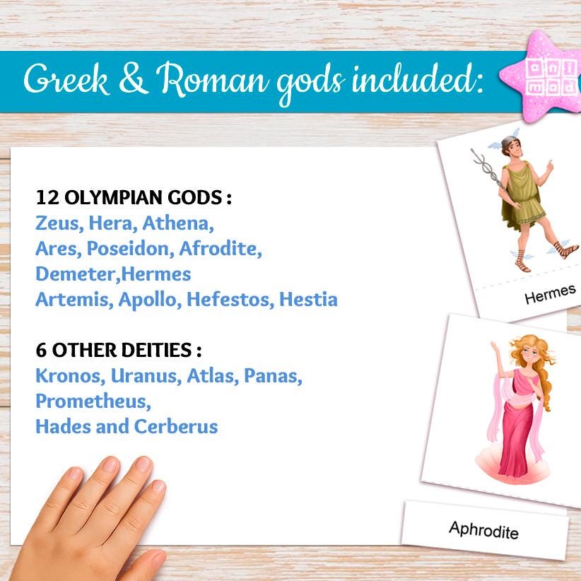 GREEK GODS Printable Flashcards for Kids, 18 Editable Text Montessori 3 ...