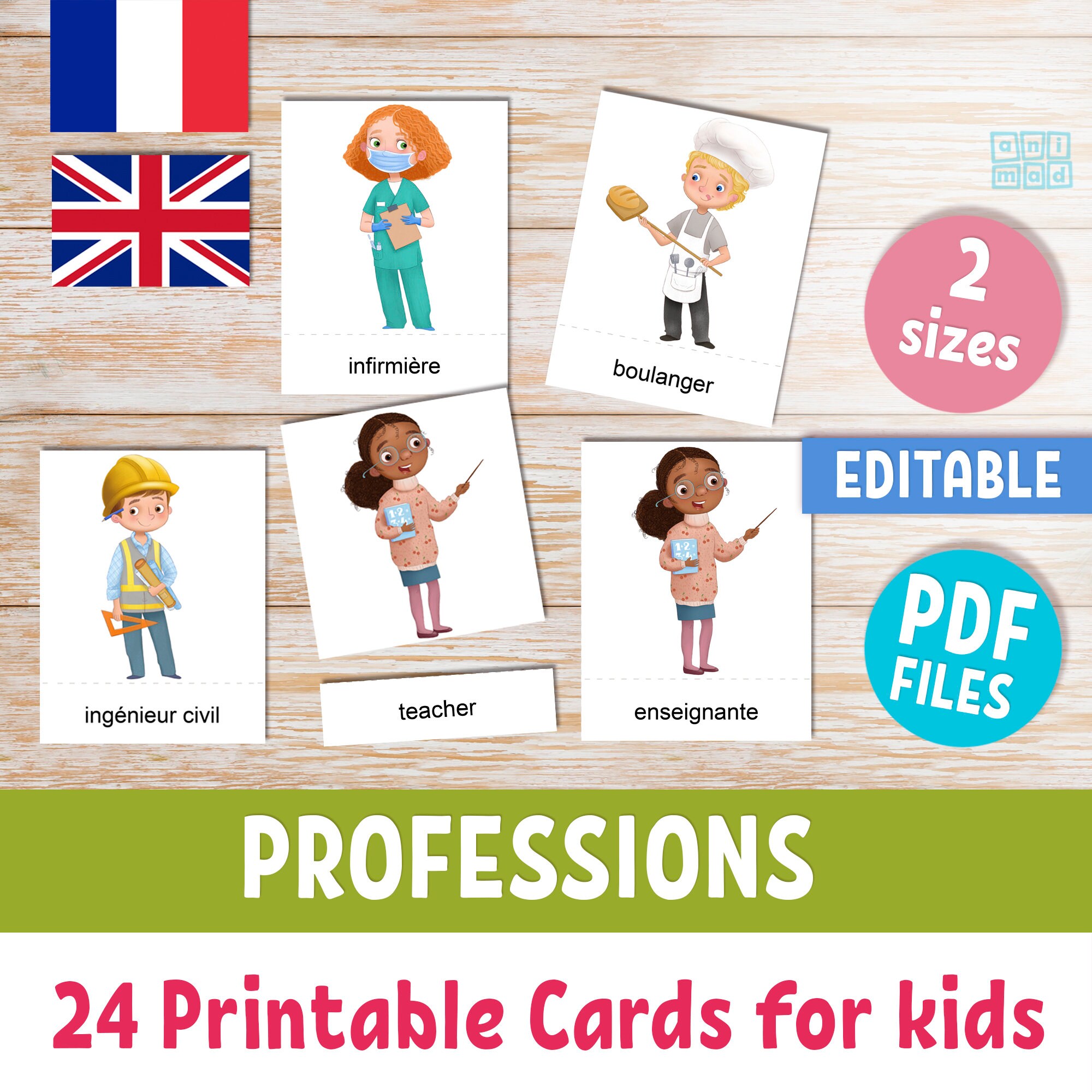 PROFESSIONS Printable Flashcards for Preschool Kids in FRENCH & ENGLISH ...