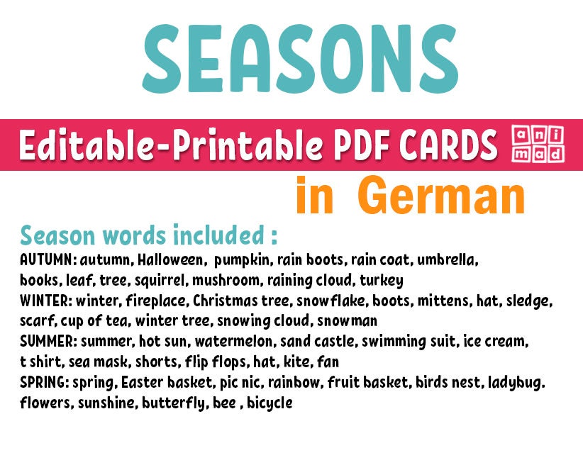 German for Kids SEASONS PRINTABLE CARDS for Kids 56 - Etsy