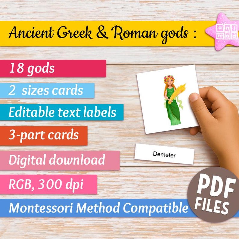 GREEK GODS Printable Flashcards for Kids, 18 Editable Text Montessori 3 ...