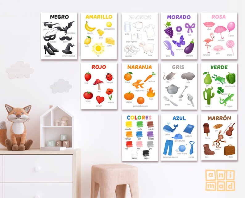 COLORES carteles imprimibles para niños de preescolar en ESPAÑOL, set ...