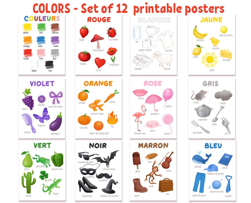 COLORS Printable Posters for Preschool Kids in FRENCH, Set of 12 ...