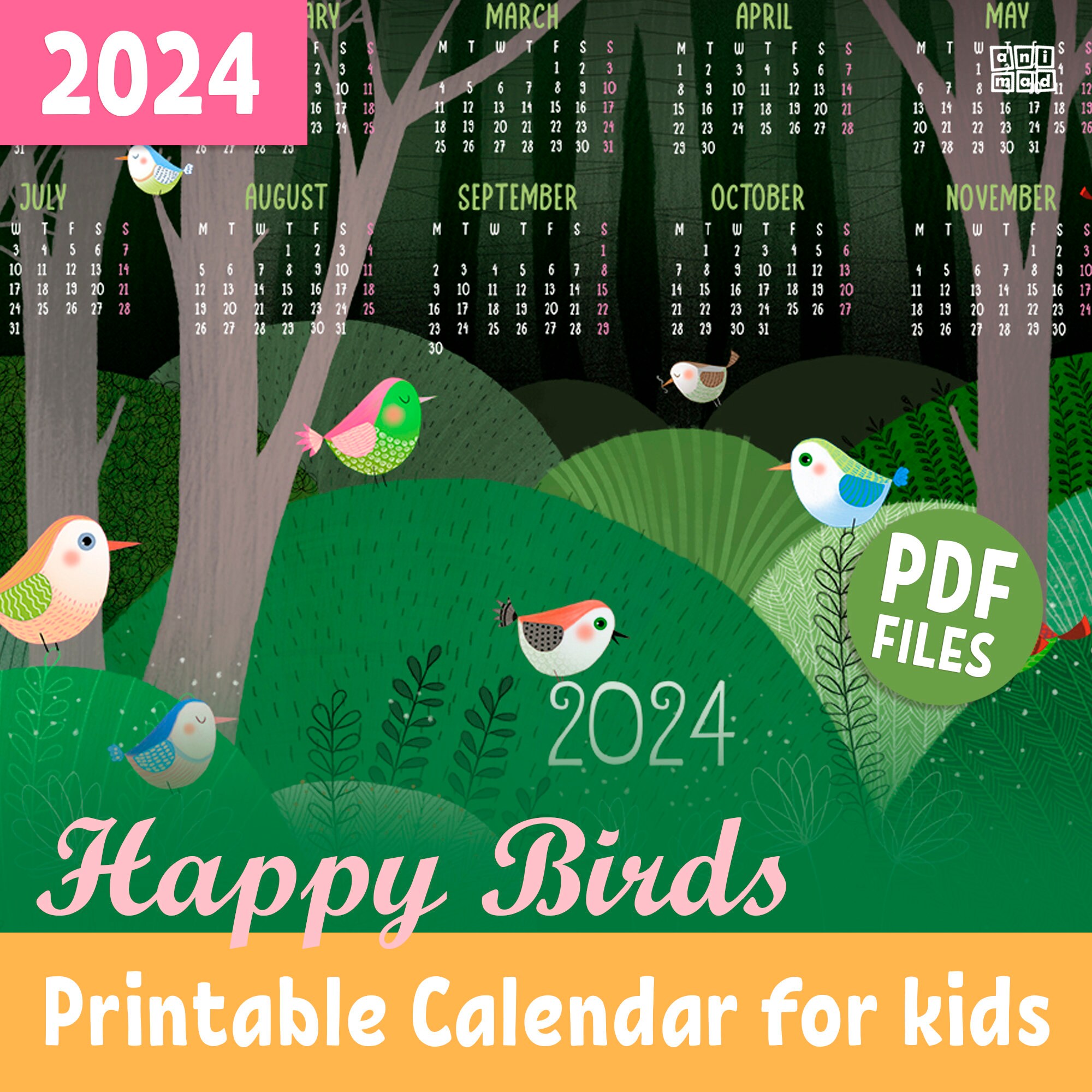 2024 PRINTABLE CALENDAR, Happy BIRDS in the Forest for Kids, Yearly ...