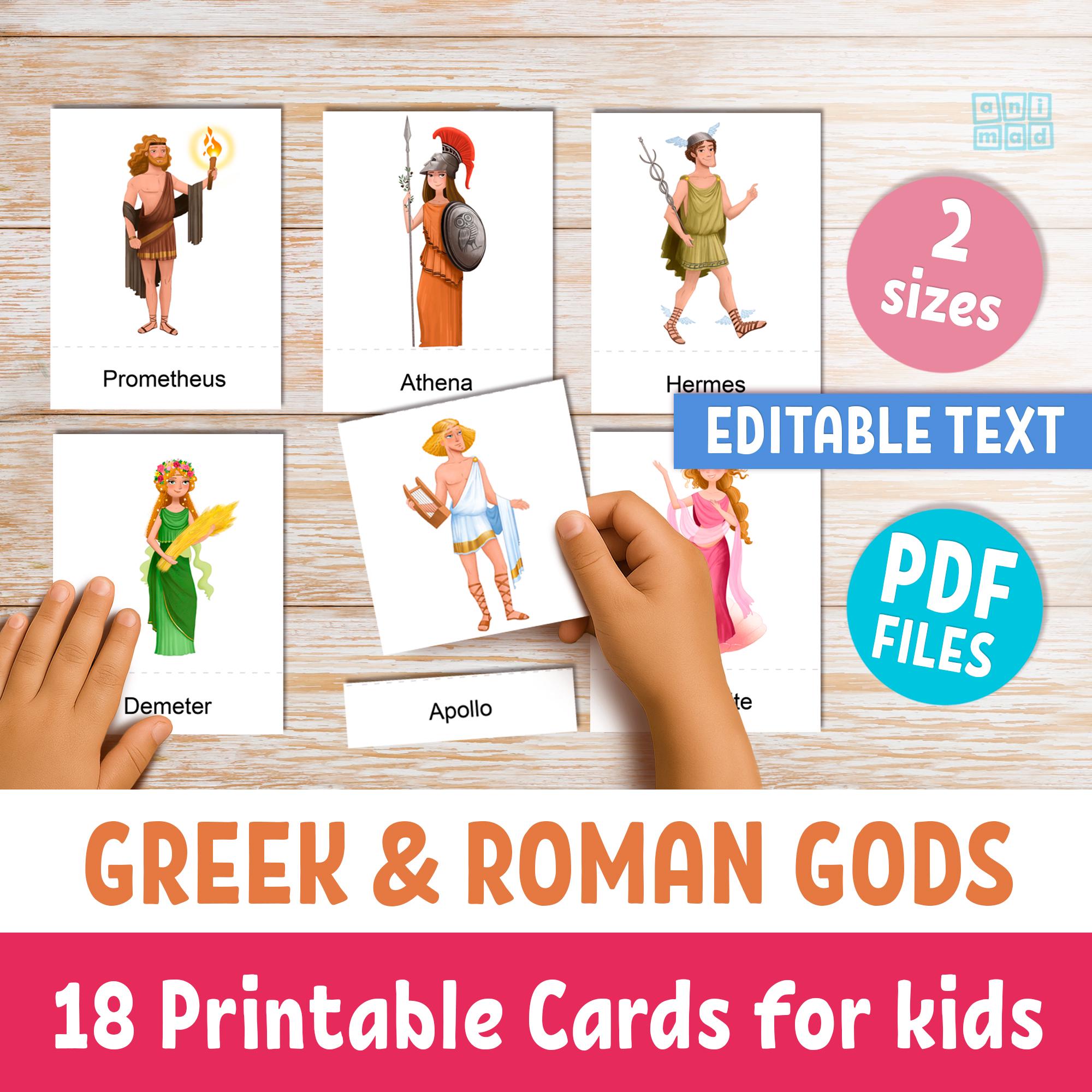 GREEK GODS Printable Flashcards for Kids, 18 Editable Text Montessori 3 ...