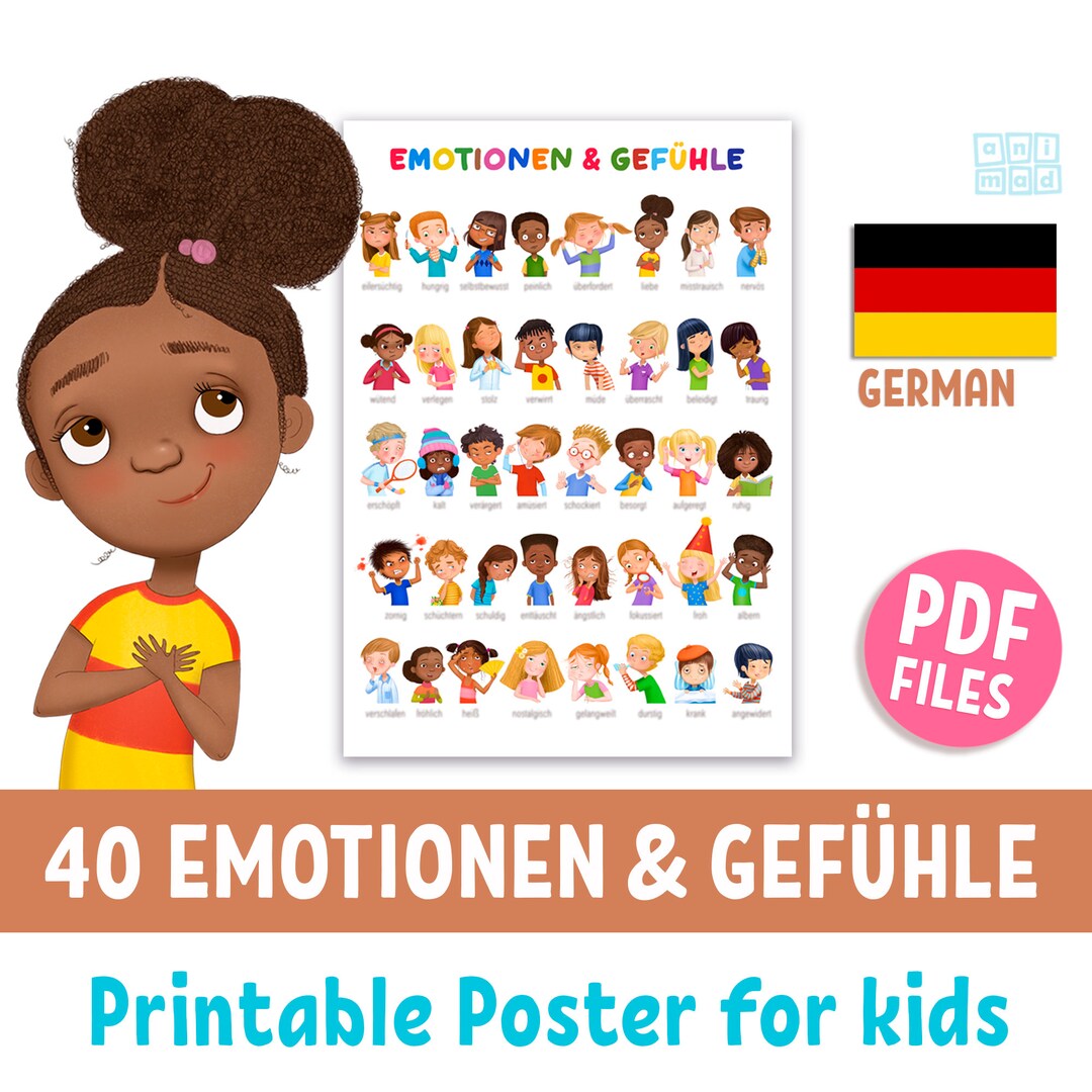 EMOTIONS & FEELINGS Printable Poster for Kids in German, Classroom and ...
