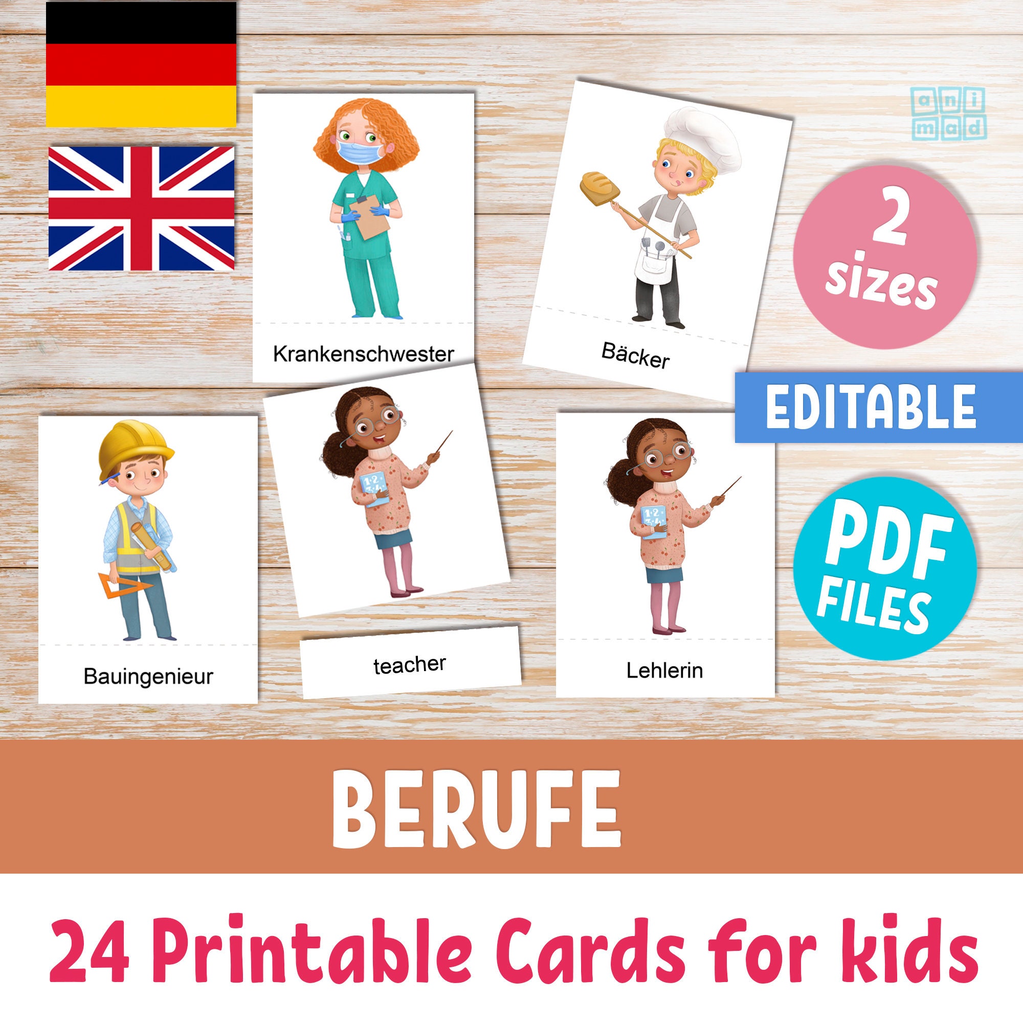 PROFESSIONS Printable Flashcards for Preschool Kids in German & English ...