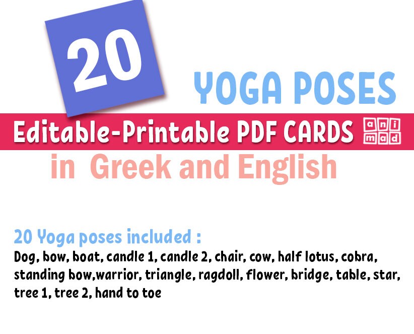 YOGA POSES Printable Flashcards for Kids in Greek and English, 20 ...