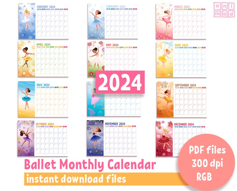 2024 PRINTABLE BALLET CALENDAR for Girls, Ballerinas Monthly Planner ...