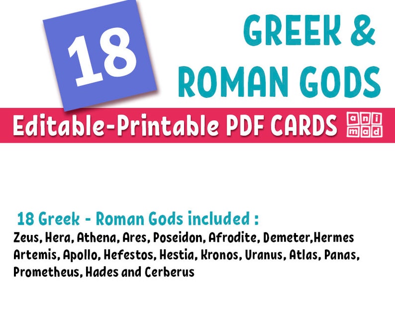 GREEK GODS Printable Flashcards for Kids, 18 Editable Text Montessori 3 ...