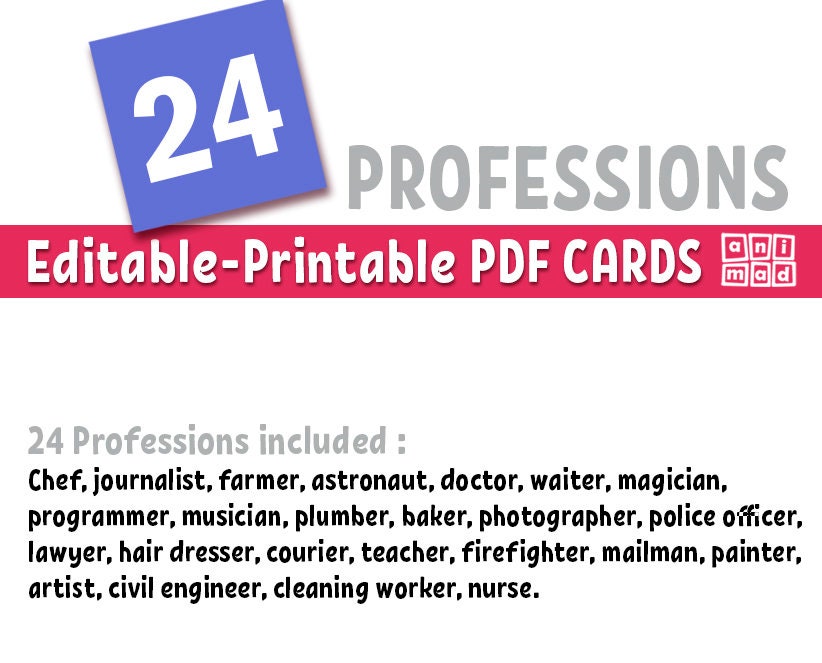 24 PROFESSIONS Flashcards for Preschool Kids, Montessori Vocabulary 3 ...