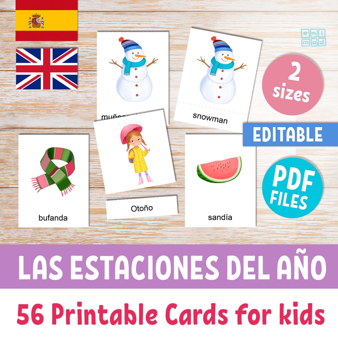 The 4 SEASONS Printable Flashcards for Preschool Kids in SPANISH and ...