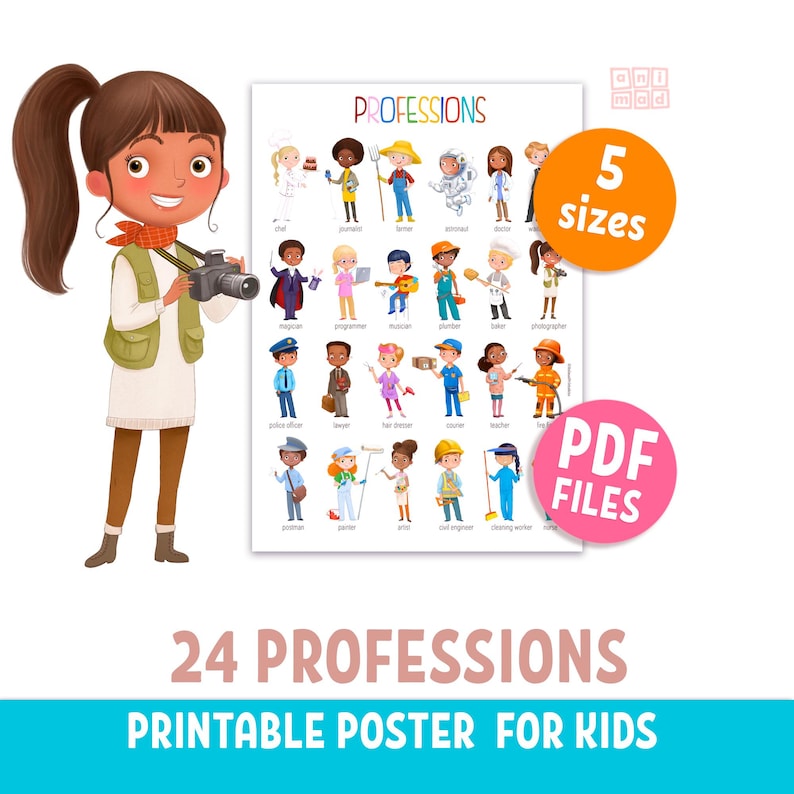 PROFESSIONS Printable Poster for Kids, 24 Occupations and Community ...