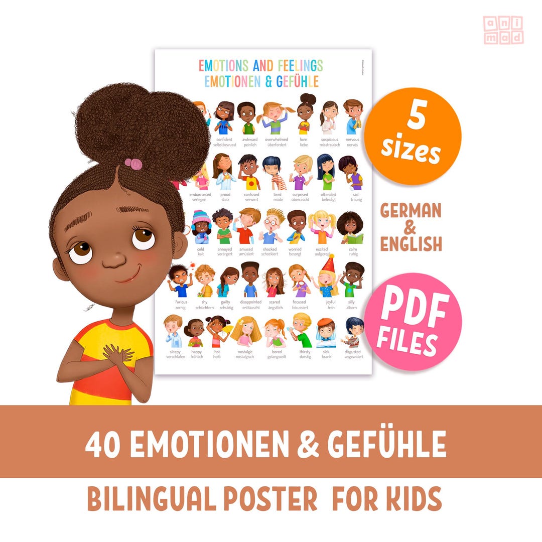 Bilingual Emotions & Feelings Printable Poster for Kids, GERMAN and ...