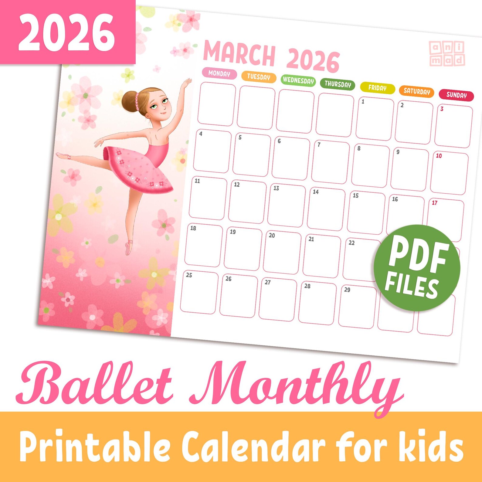 2026 Ballerina Calendar: Hand-drawn Ballet Monthly Planner (digital PDF ...