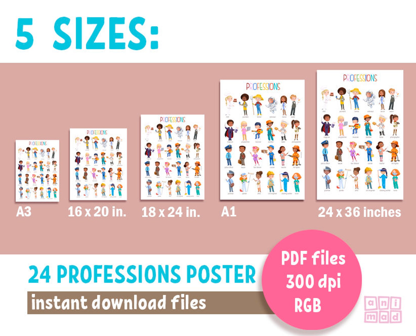 PROFESSIONS Printable Poster for Kids, 24 Occupations and Community ...