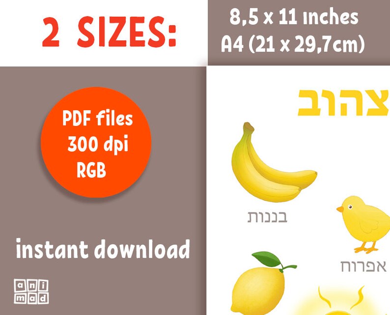 COLORS Printable Posters for Preschool Kids in HEBREW, Set of 12 ...