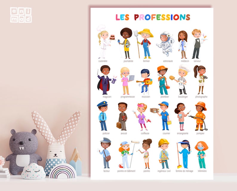 PROFESSIONS Printable Poster for Preschool Kids in FRENCH, Vocabulary ...
