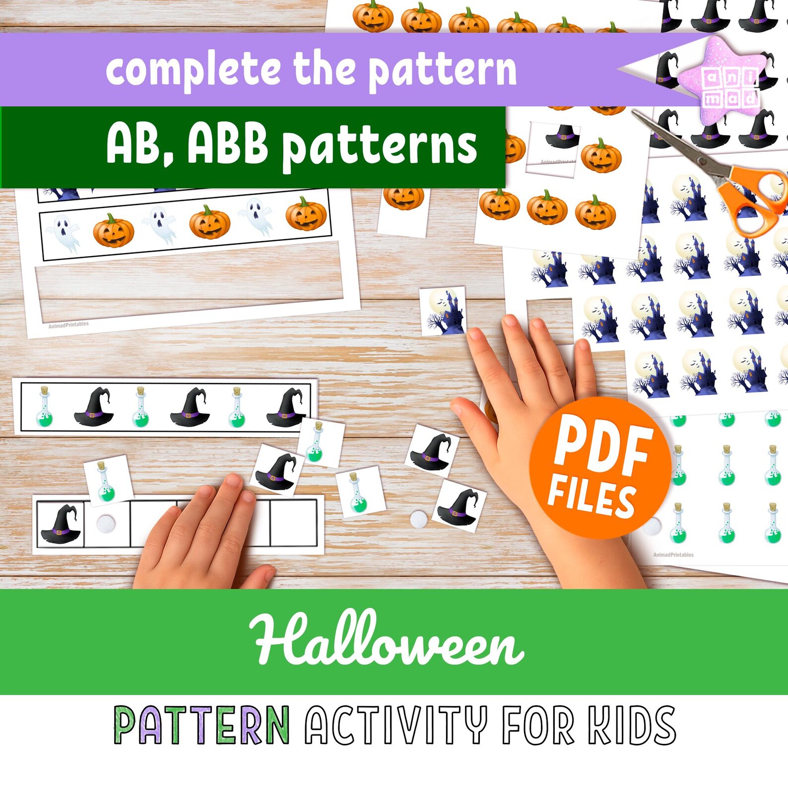 Halloween Pattern Matching Activity for Kids: AB & ABB Printable Strips ...