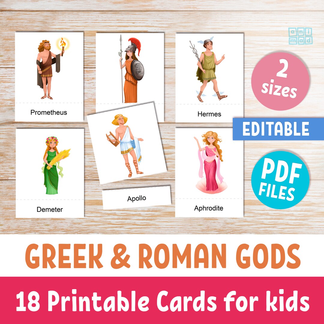 GREEK GODS Printable Flashcards for Kids, 18 Editable Montessori 3 Part ...