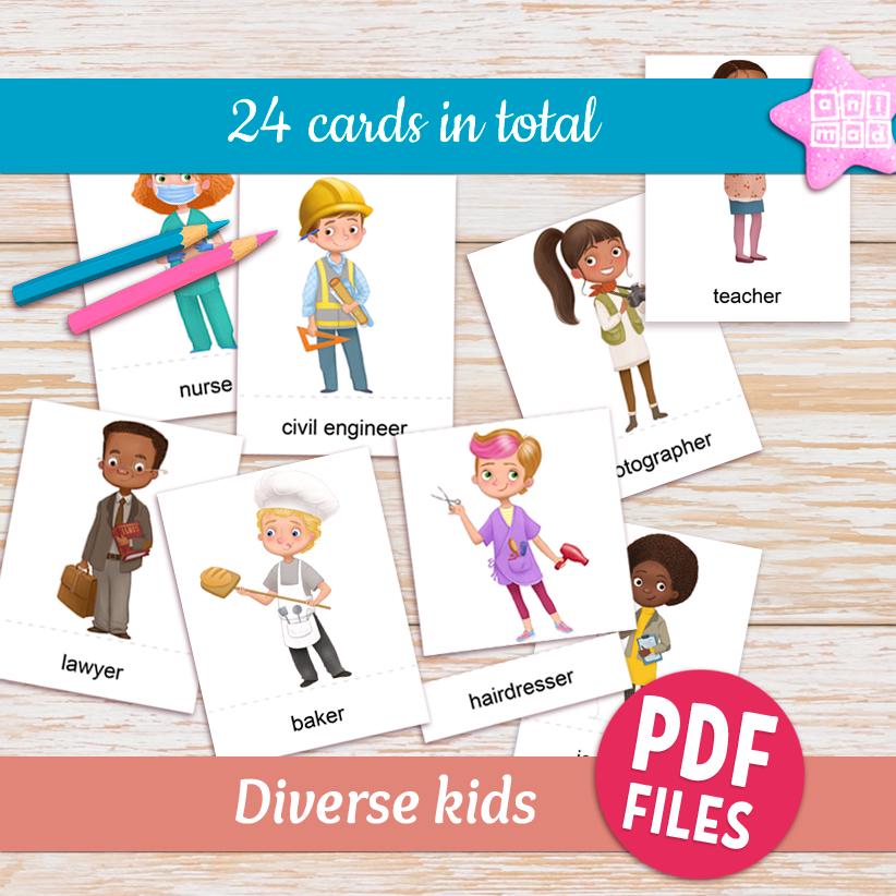 24 PROFESSIONS Flashcards for Preschool Kids, Montessori Vocabulary 3 ...