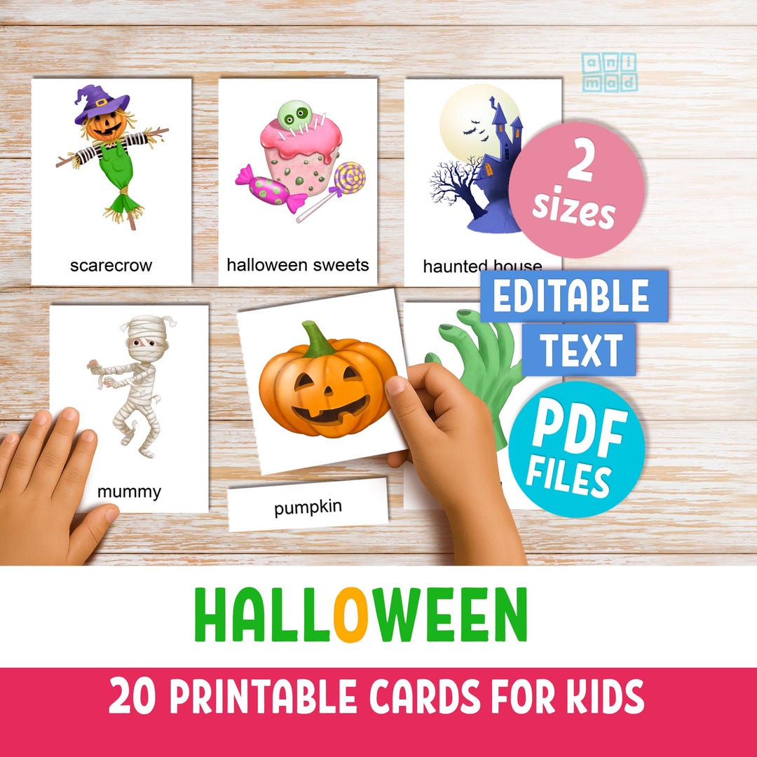 Halloween Flashcards for Kids: Montessori 3-part Cards, Editable Text ...
