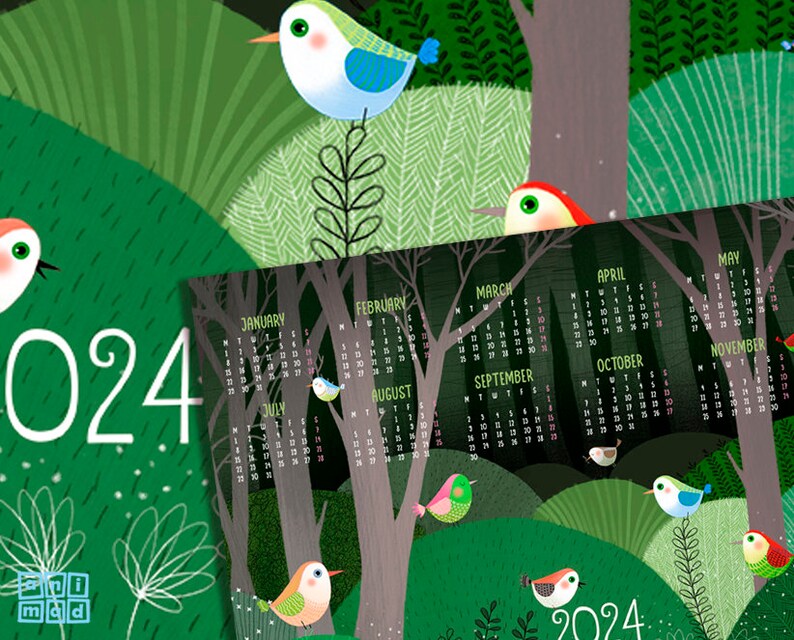 2024 PRINTABLE CALENDAR, Happy BIRDS in the Forest for Kids, Yearly ...
