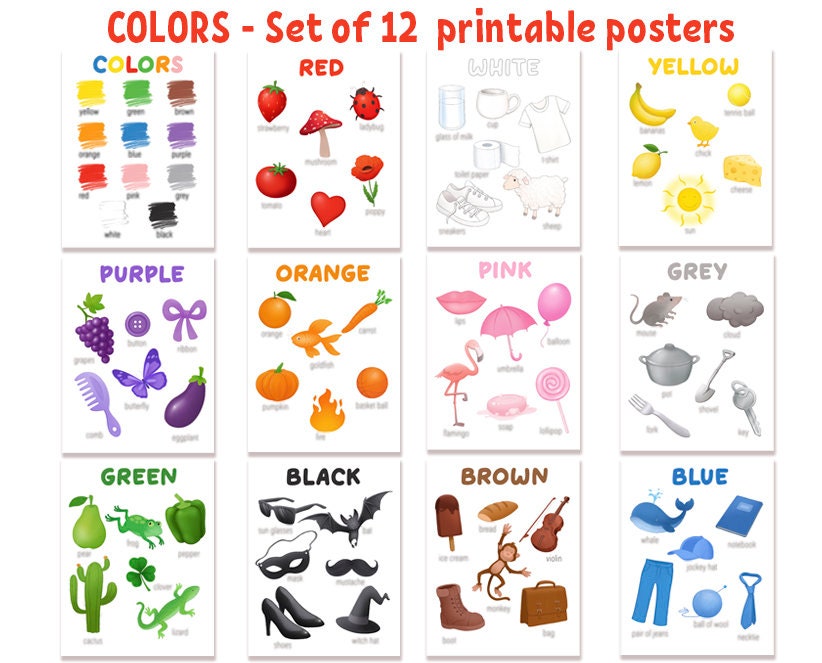 COLORS Printable Posters for Preschool Kids in PORTUGUESE, Set of 12 ...