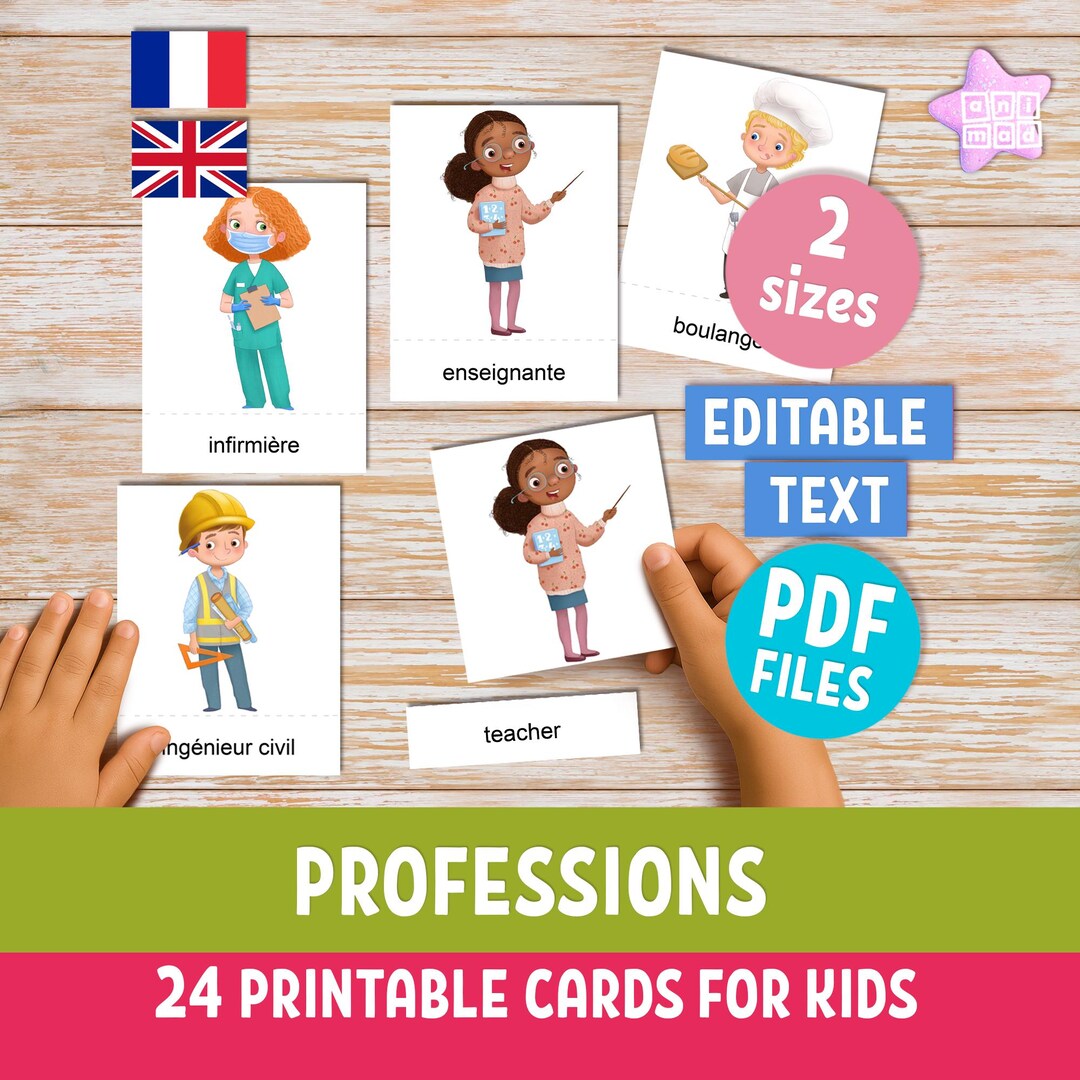 French English Professions Flashcards for Kids, 24 Montessori ...