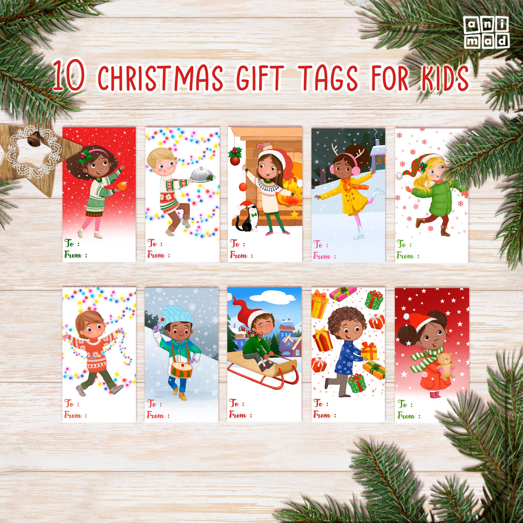 CHRISTMAS Printable Gift Tags for Kids, 10 Designs Gift Tags Set ...