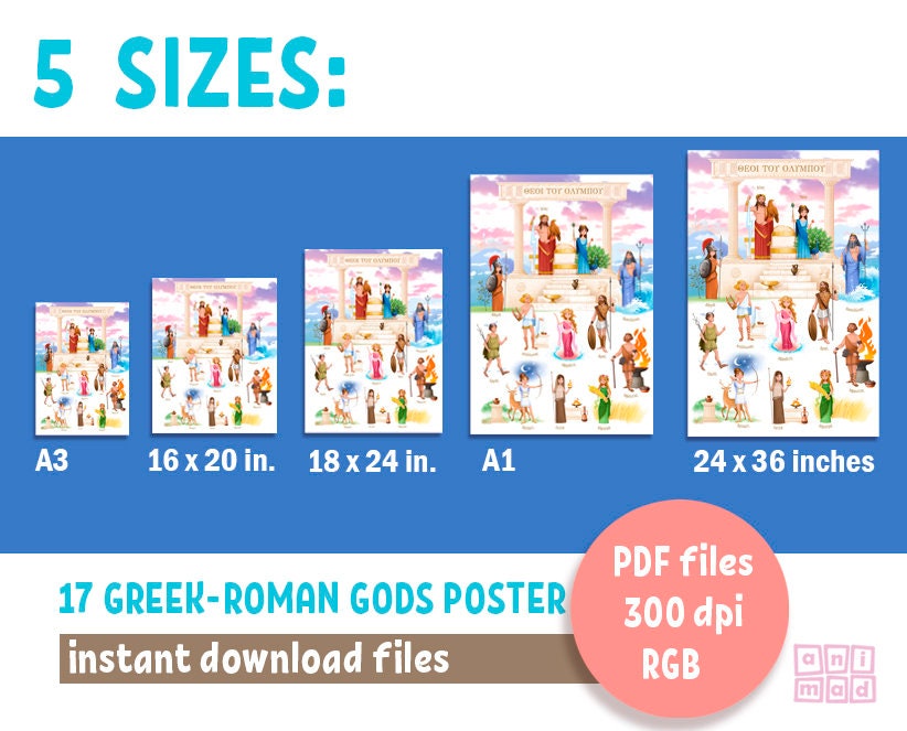 Ancient GREEK Gods Printable Poster for Kids in GREEK, 12 Olympian Gods ...