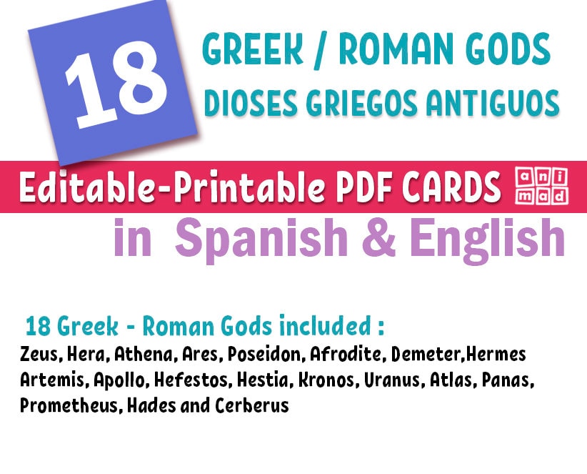 GREEK GODS Printable Flashcards for Kids in Spanish and English, 18 ...