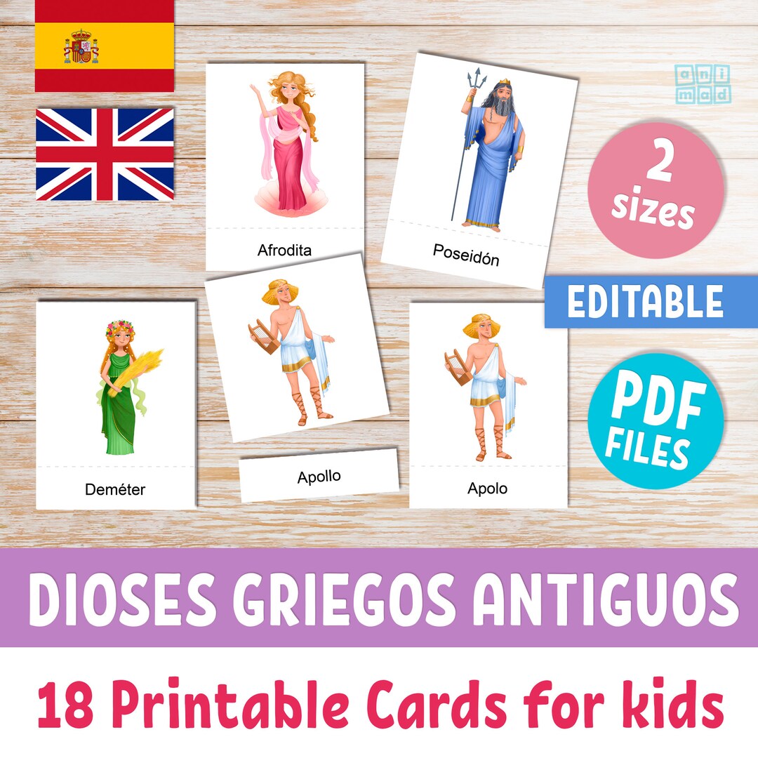 GREEK GODS Printable Flashcards for Kids in Spanish and English, 18 ...