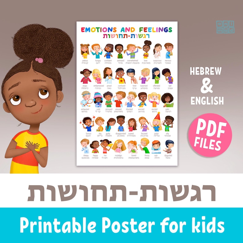 Bilingual Hebrew-english Emotions Poster: Kids' Room Classroom Decor ...