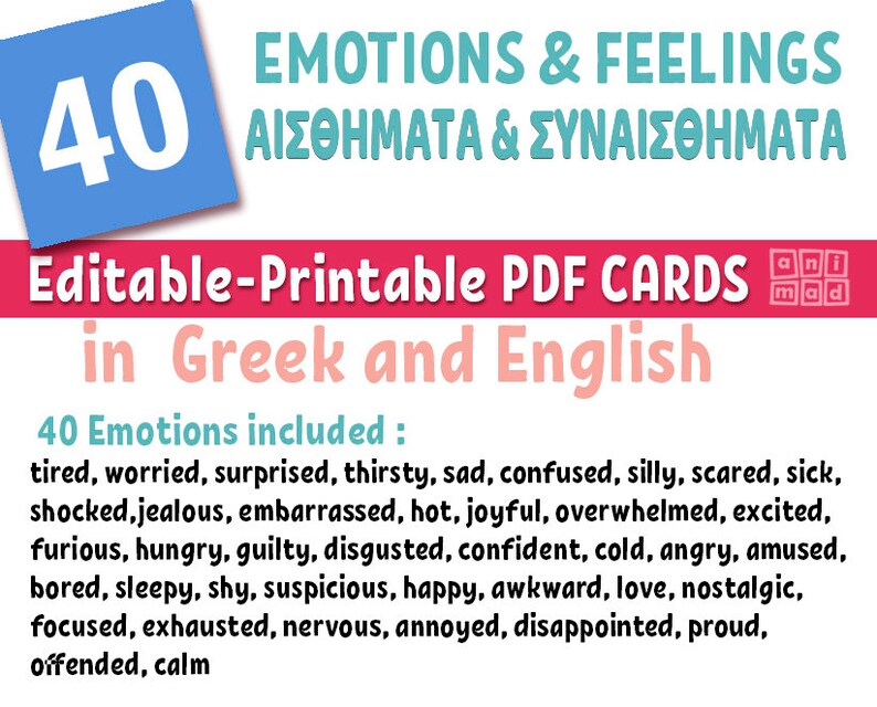 EMOTIONS & FEELINGS Printable Flashcards for Kids in Greek and English ...