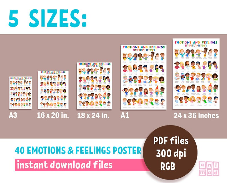 Bilingual Emotions Printable Poster for Kids, HEBREW - ENGLISH Feelings ...