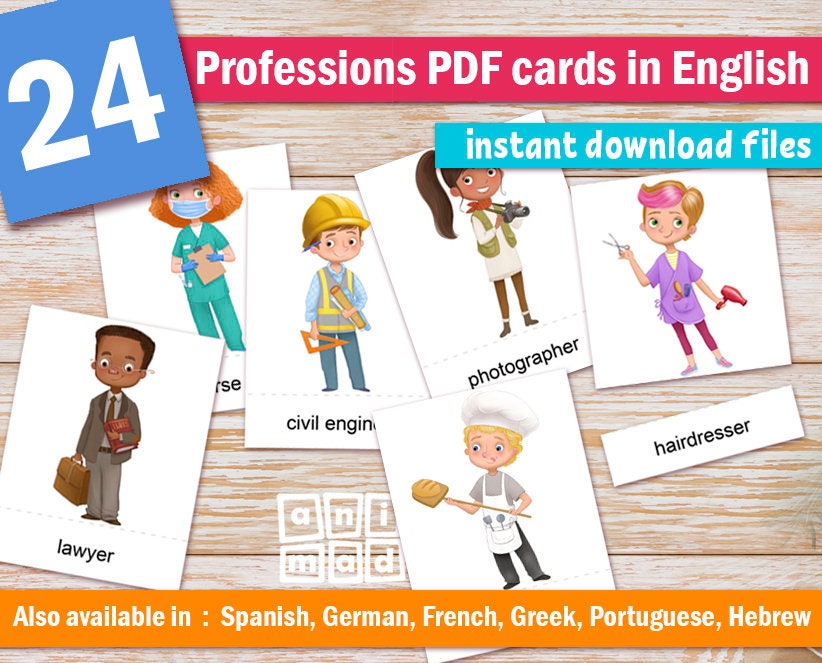 PROFESSIONS Printable Flashcards for Preschool Kids, 24 Occupations ...