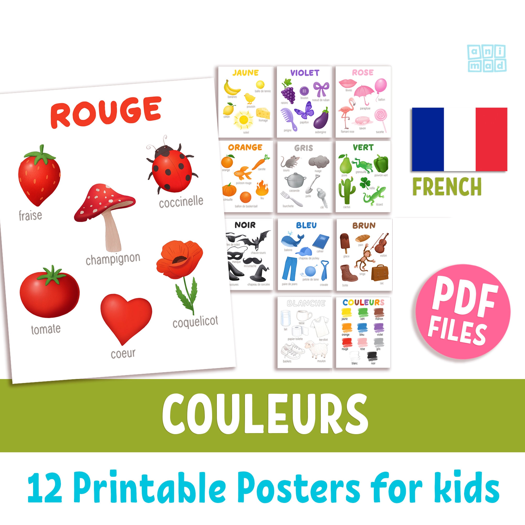 COLORS Printable Posters for Preschool Kids in FRENCH, Set of 12 ...