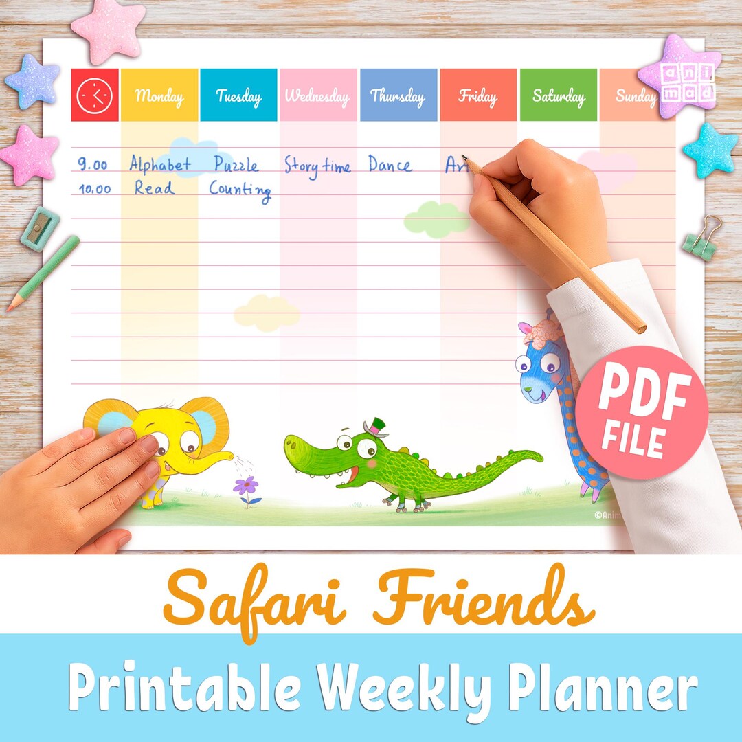 Safari Printable Weekly Planner for Kids, Elephant, Giraffe, Crocodile ...
