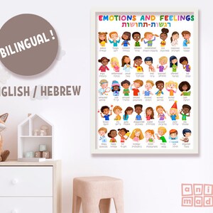 Bilingual Hebrew-english Emotions Poster: Kids' Room Classroom Decor ...
